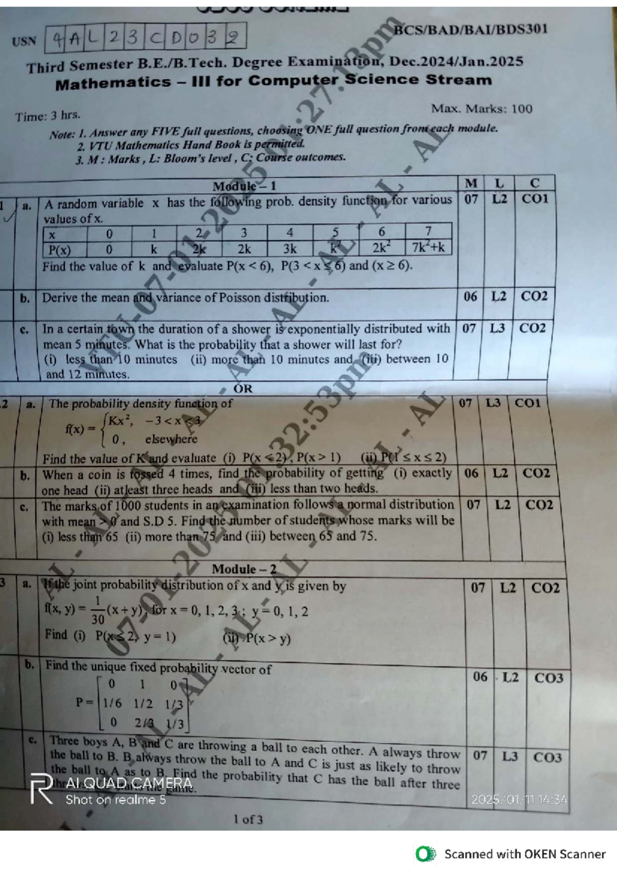 BCS301 2022 Scheme VTU 2024-25 Question Paper - USN 4AL23CD032 Third ...