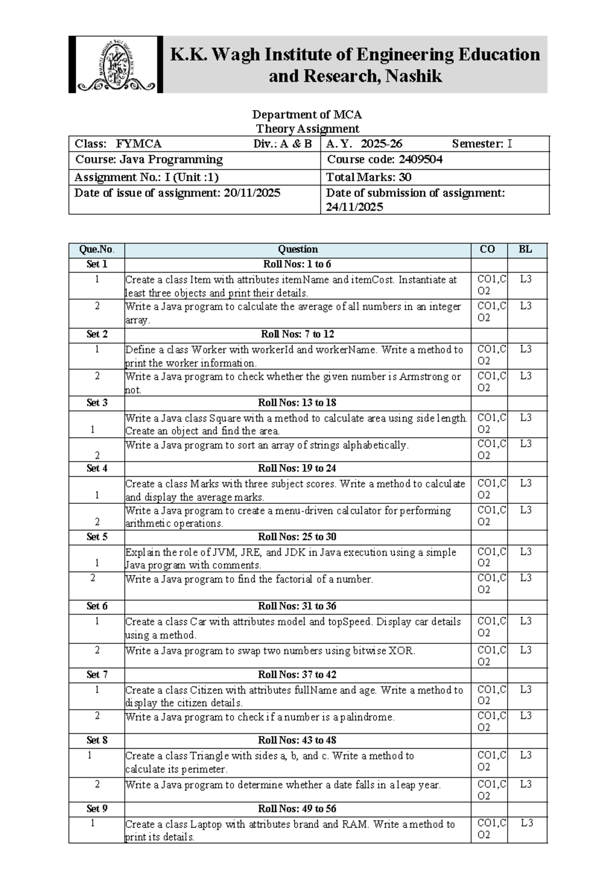 Java Programming Theory Assignment FYMCA A (2409504) - Unit 1 - Studocu