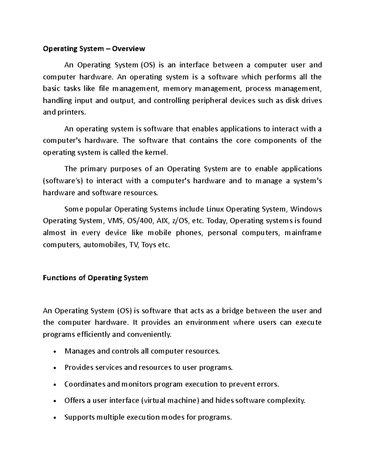 Unit 1.1: Overview of Operating Systems and Their Functions - Studocu