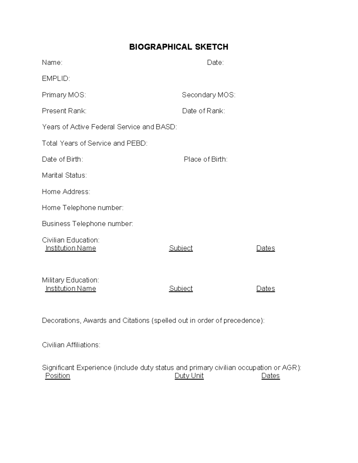 Biographical Sketch Template for Military Service Documentation - Studocu
