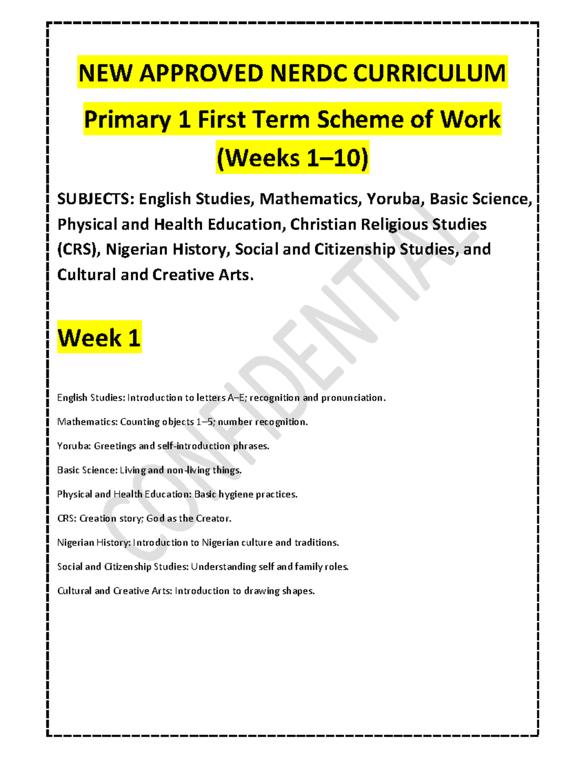 Primary 1-3 Approved Curriculum Scheme of Work (First Term) - Studocu