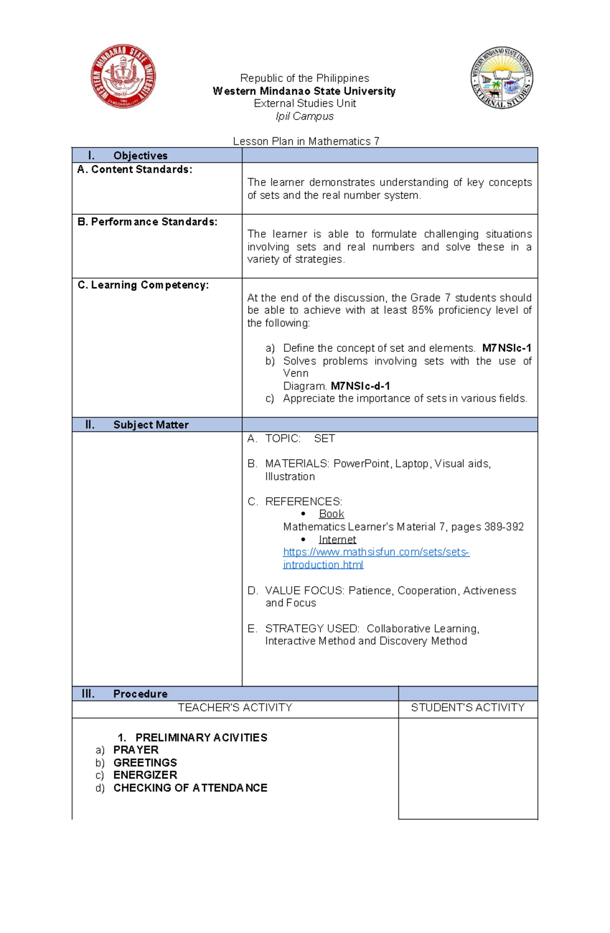 Lesson PLAN Final - PED104 - Republic of the Philippines Western ...