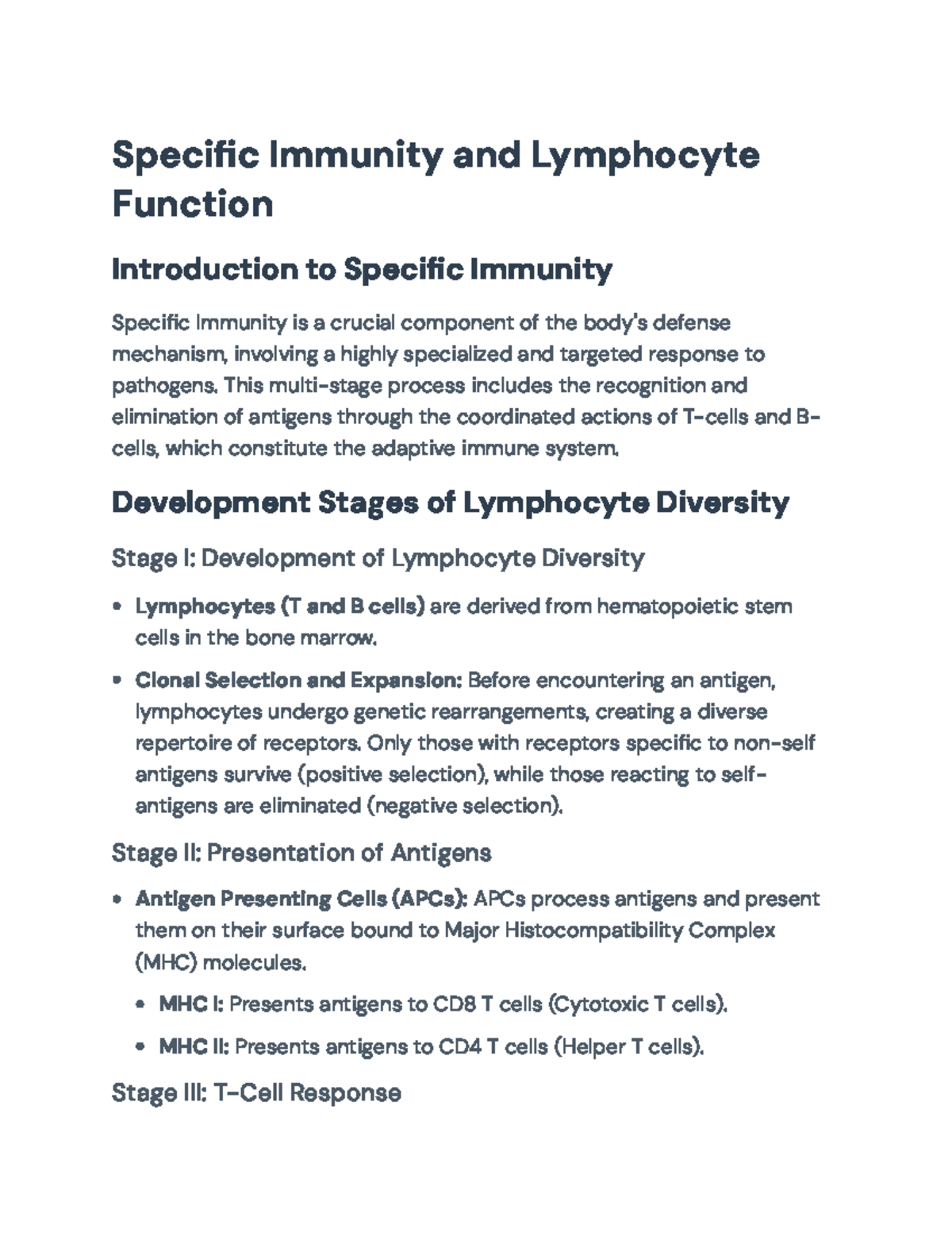 Specific Immunity and Lymphocyte Function: Stages and Mechanism ...
