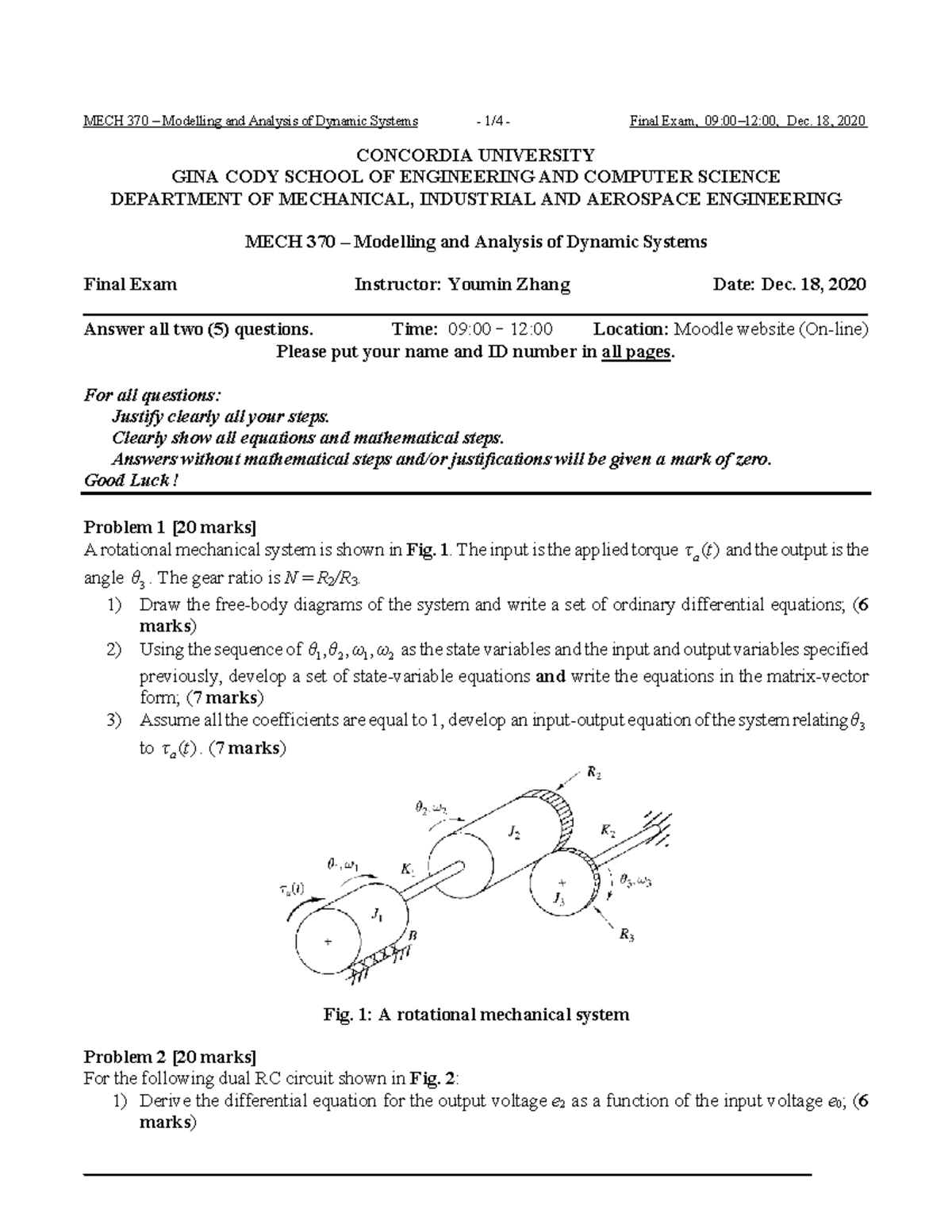 Final Exam MECH 370: Modelling & Analysis of Dynamic Systems 2020 - Studocu