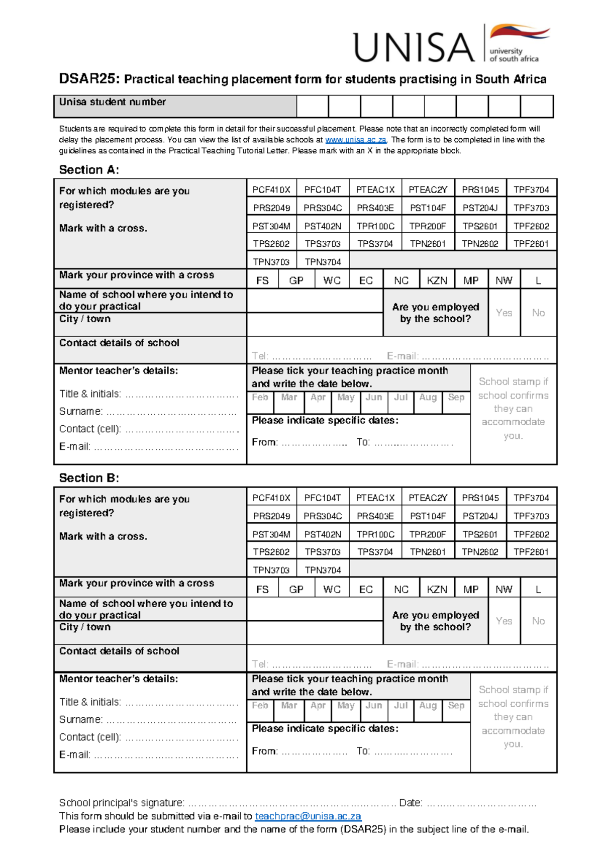 DSAR 25: Practical Teaching Placement Form for Unisa Students - Studocu