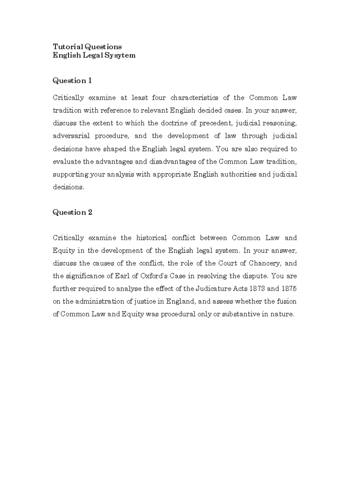 Tutorial Questions: Common Law & Equity in English Legal System - Studocu