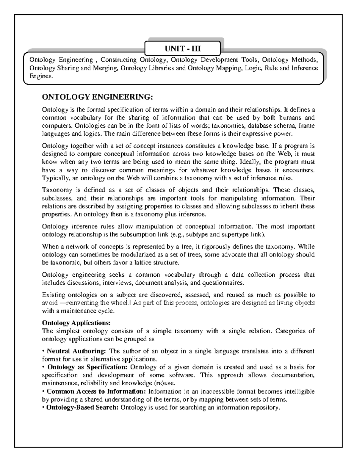 UNIT-3: Lecture Notes on Ontology Engineering and Applications - Studocu