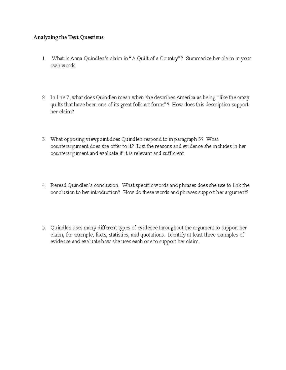 Na'kayla Perdue - The Quilt of a Country Analyzing the Text Questions ...