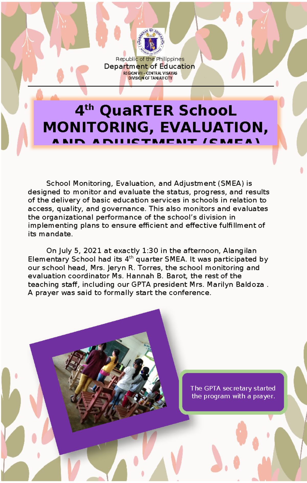 SMEA 4th Quarter Report: Monitoring, Evaluation, and Adjustment - Studocu