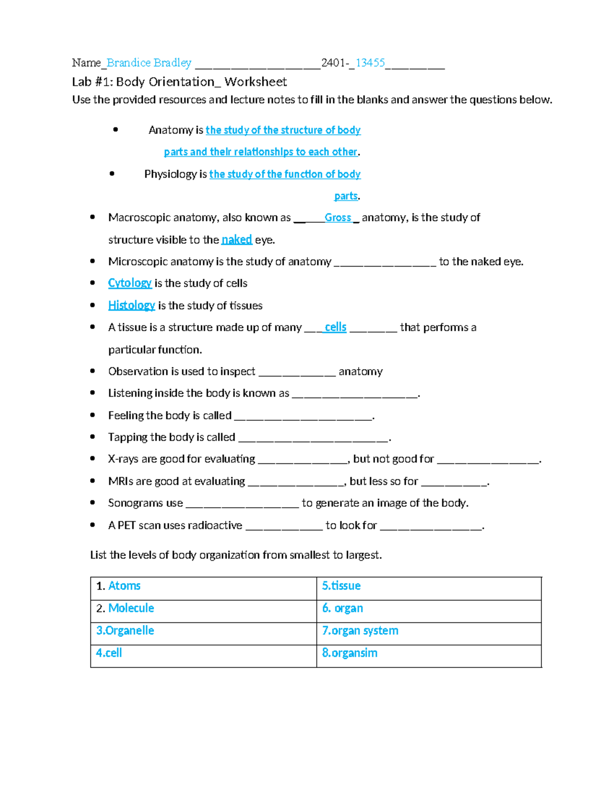 Lab#1 Worksheet A&P 1 - Body Orientation Practice - Studocu
