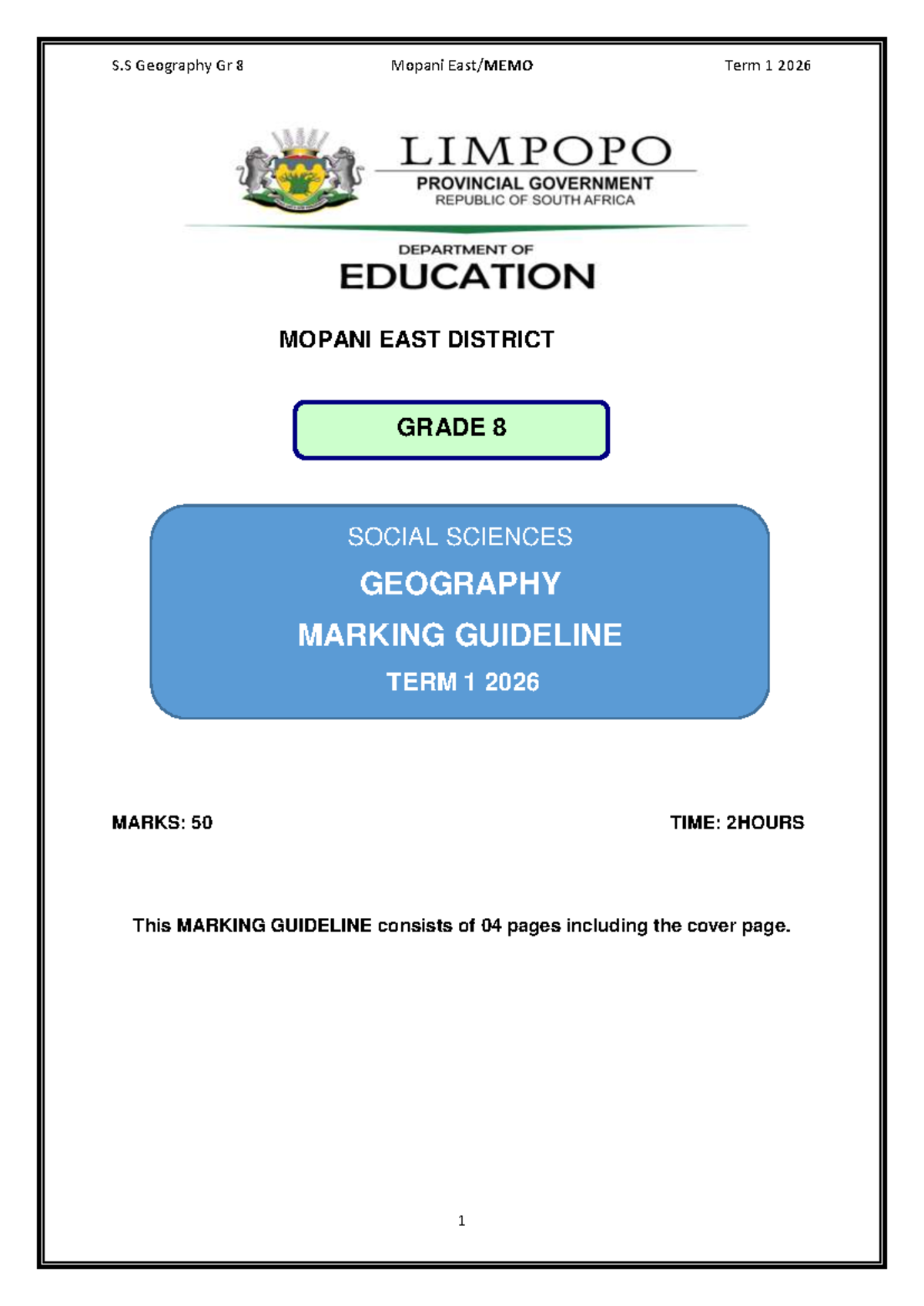 Grade 8 SS Geography Term 1 2026 Marking Guideline & Memo - Studocu