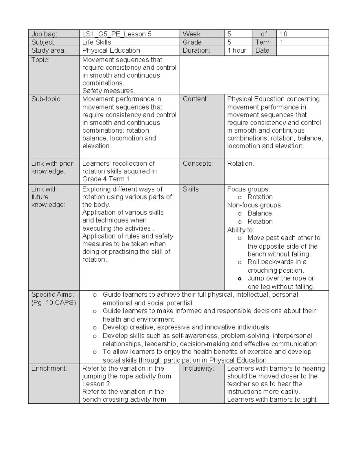 LS1 G5 PE Lesson 5: Movement Sequences & Performance Skills - Studocu