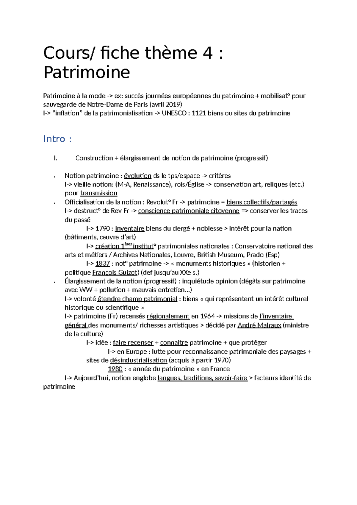 Cours: Fiche Thématique 4 - Patrimoine et Conflits Culturels - Studocu