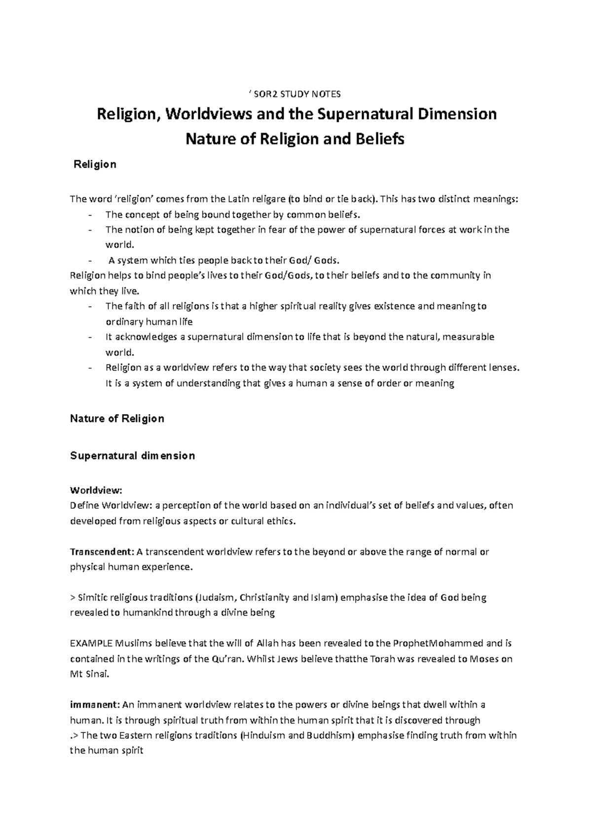 SOR2 Study Notes: Understanding Religion, Worldviews, and the ...