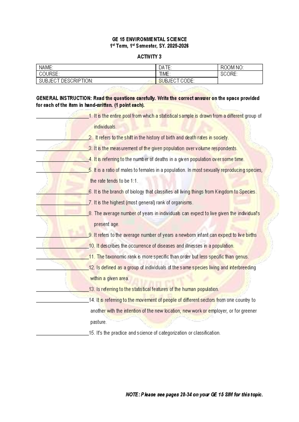 Activity 3: Terminology Definitions for GE 15 Environmental Science ...
