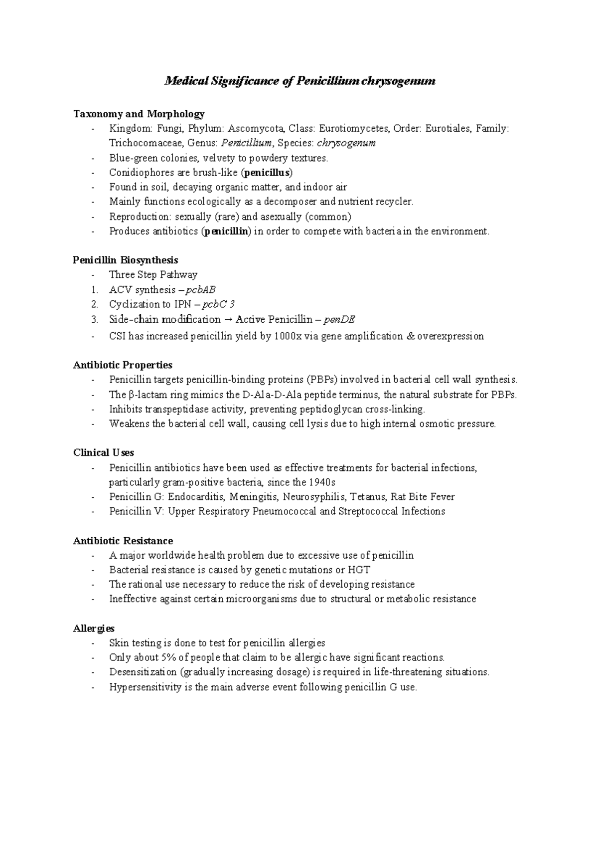 Medical Significance of Penicillium chrysogenum: Summary (10 30 1 ...