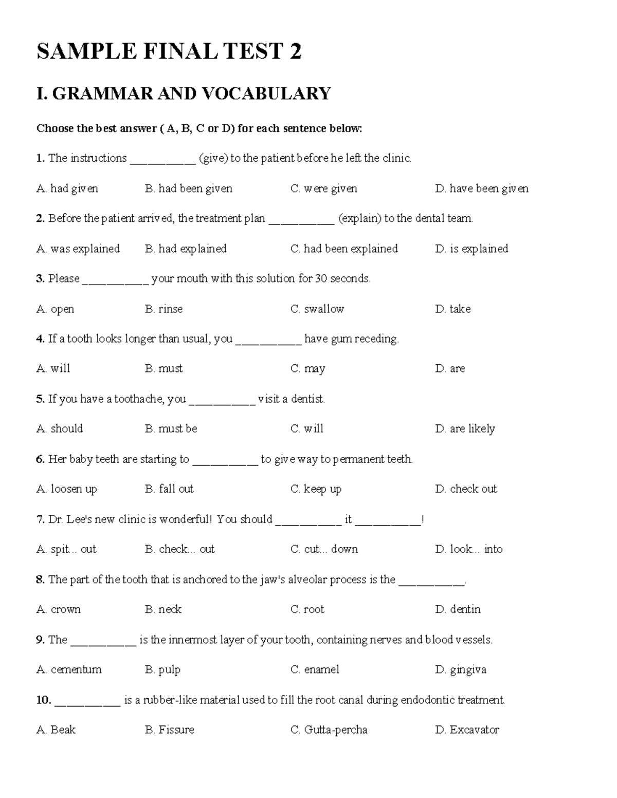 Sample Final Test 2: Grammar, Vocabulary & Reading Comprehension - Studocu