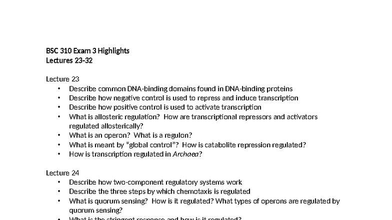 BSC 310 Exam 3 Highlights: Key Concepts from Lectures 23-27 - Studocu