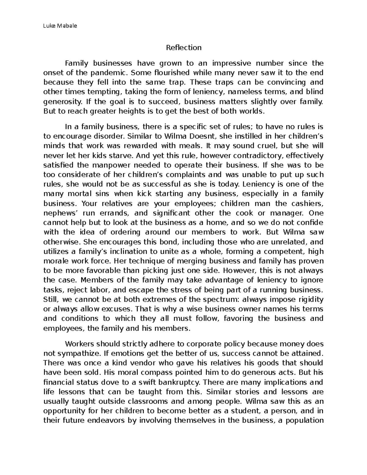 Reflection on Family Business Dynamics and Strategies - Studocu
