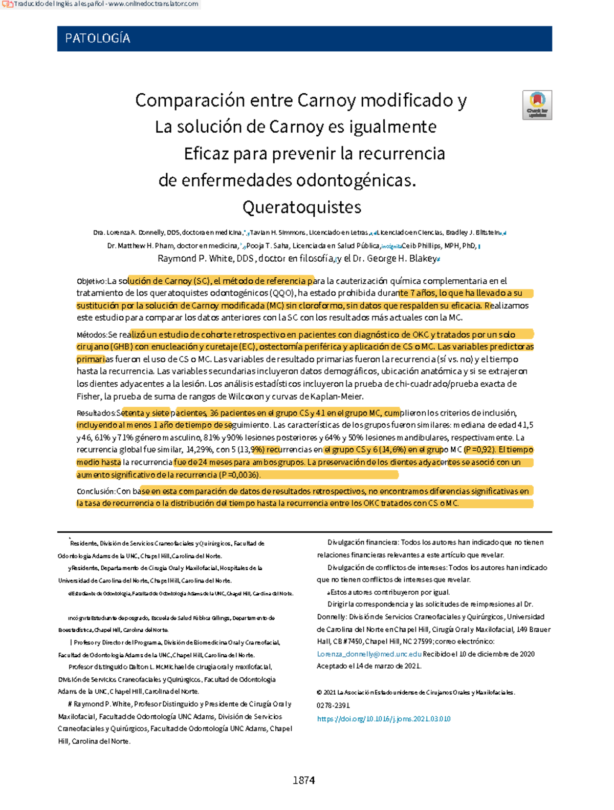 Comparación entre Soluciones Carnoy (CS vs. MC) en Tratamiento de OKC ...