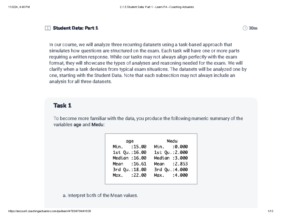 2.1.5 Student Data Analysis: Part 1 - Learn PA Coaching Actuaries - Studocu
