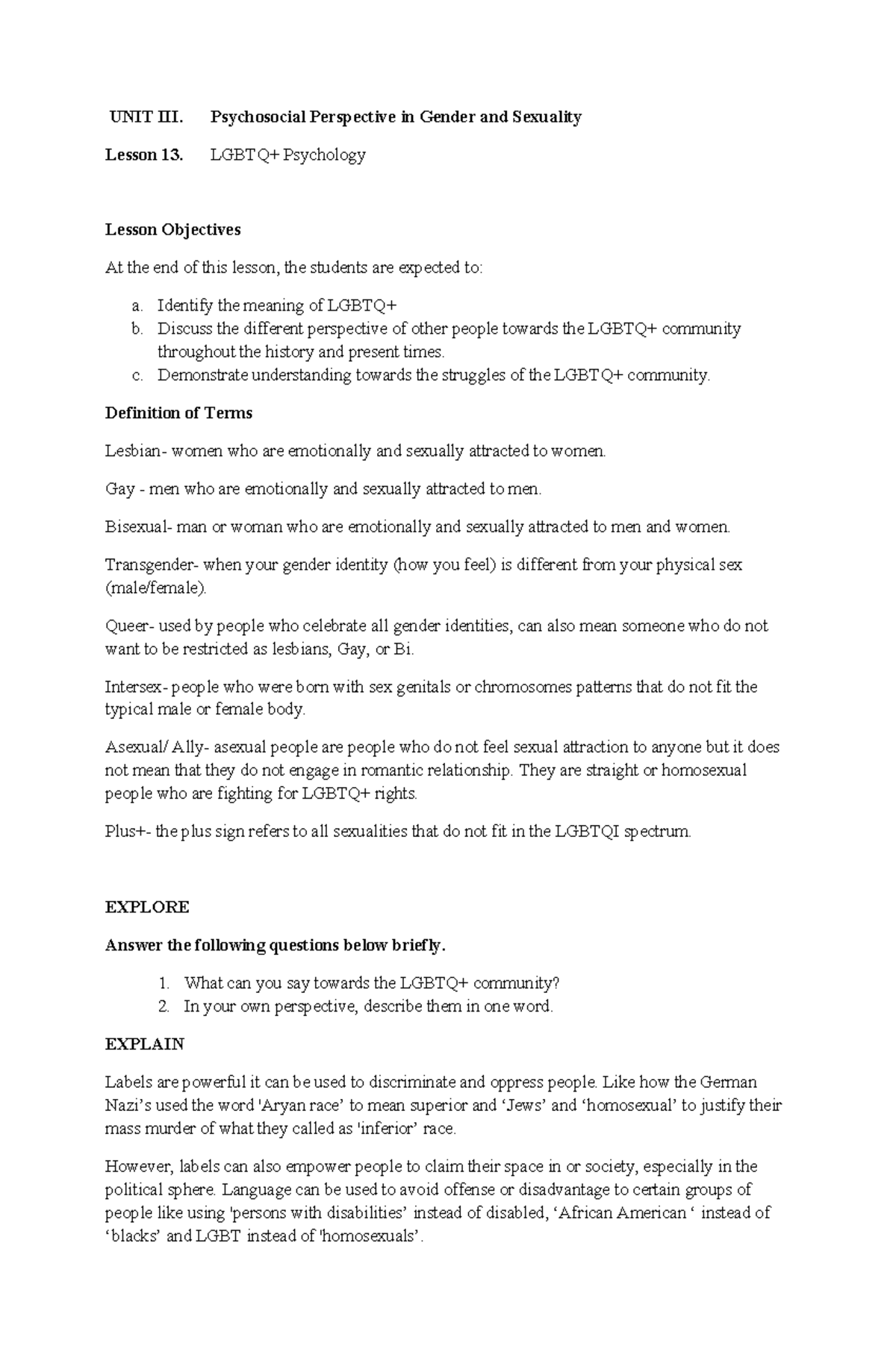 Lesson 13: LGBTQ+ Psychology in a Psychosocial Context - Studocu
