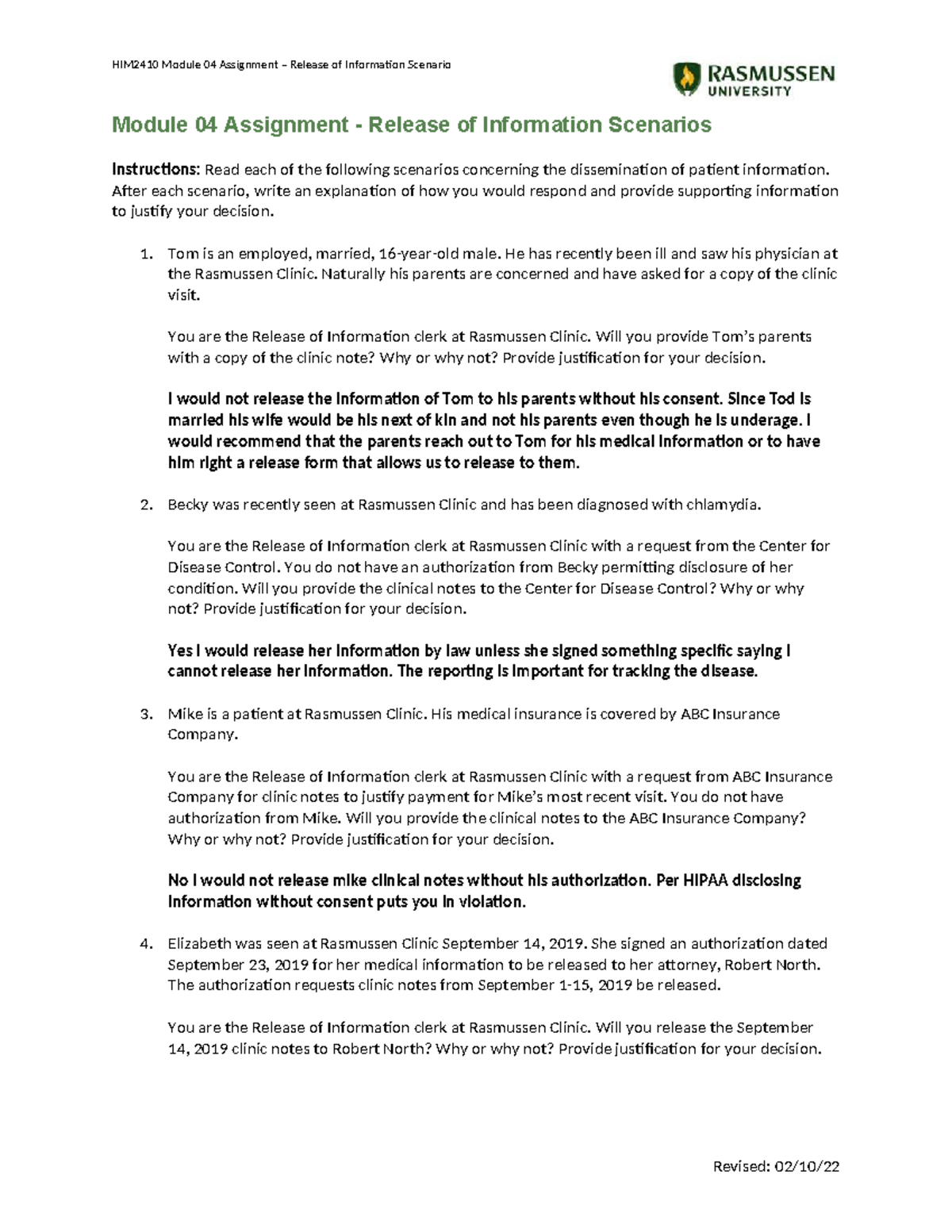 HIM2410 Module 04 Assignment: Scenarios on Patient Info Release - Studocu