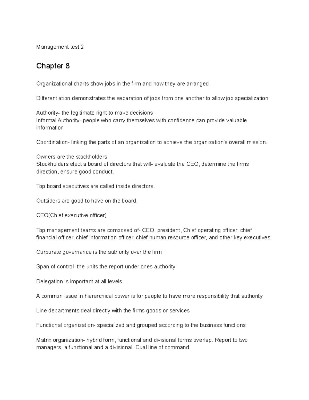 Management test 2 notes - Management test 2 Chapter 8 Organizational ...