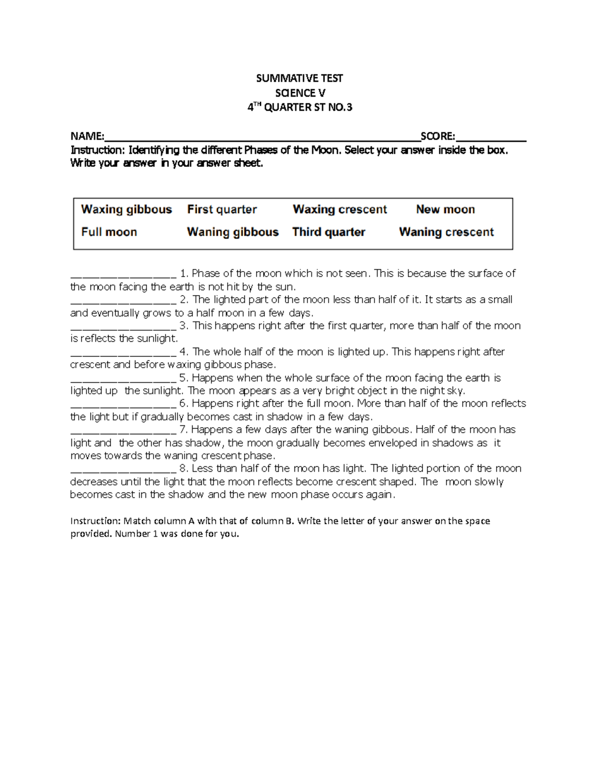 Science V Summative Test for 4th Quarter - ST NO. 3 - Studocu