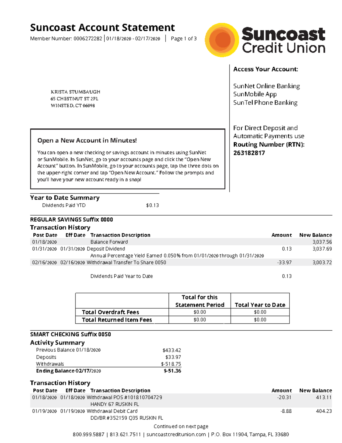 Suncoast Account Statement 01/18/2020 - 02/17/2020 - Studocu