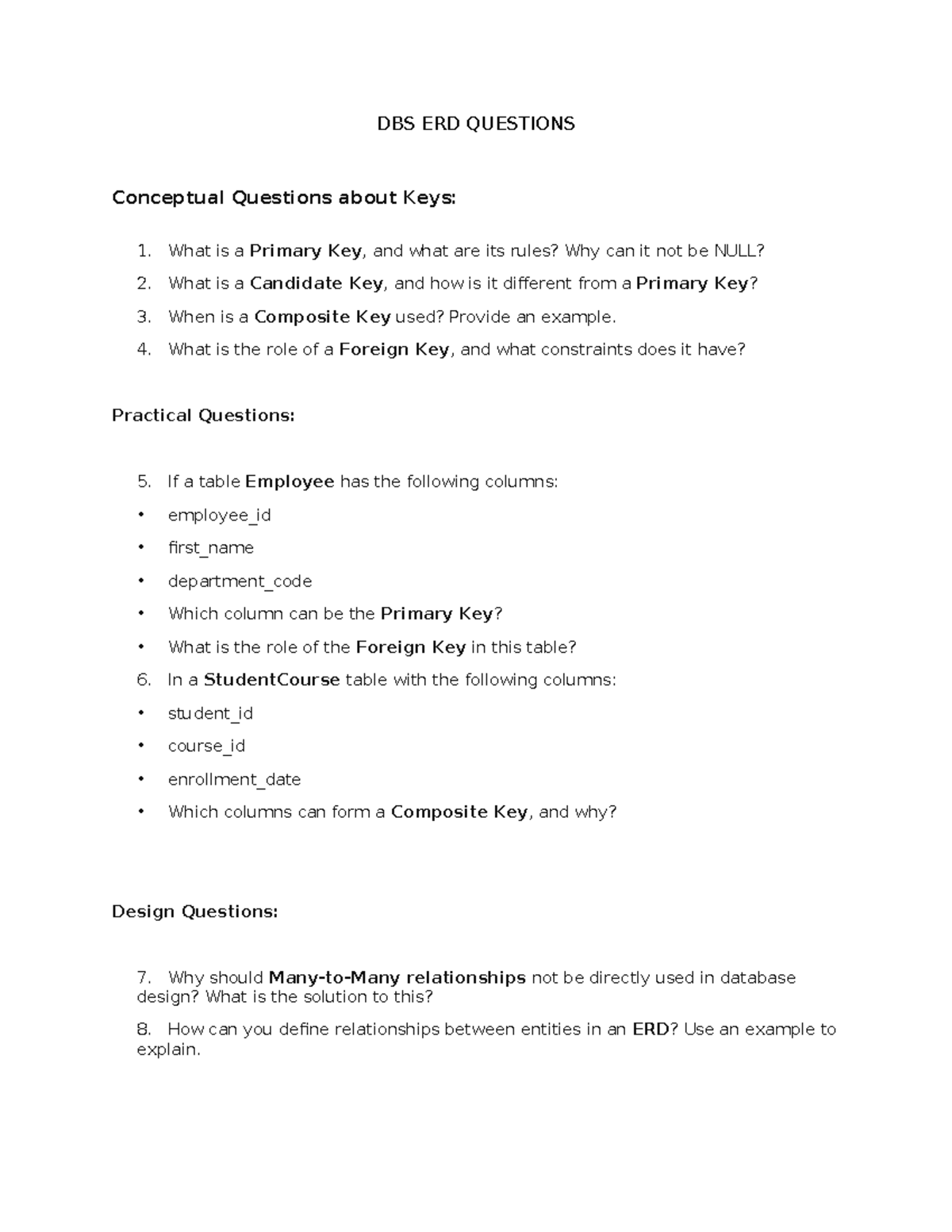 DBS ERD Questions: Understanding Keys and Relationships - Studocu
