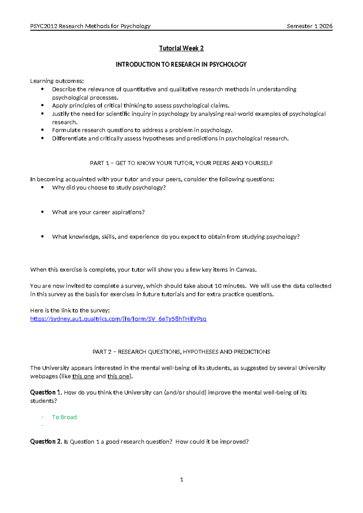 PSYC2012 Tutorial Week 2: Introduction to Research in Psychology - Studocu