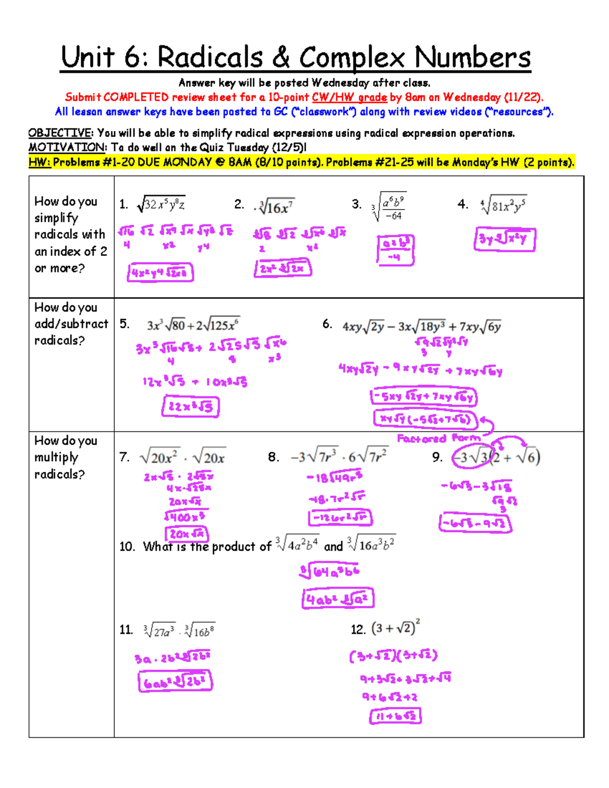 (12.1) 6.4 Review Sheet - Answers - Unit 6: Radicals & Complex Numbers ...
