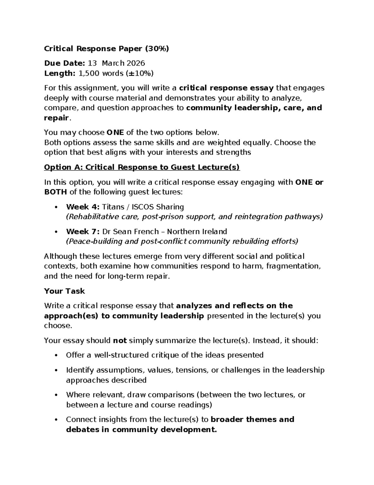 Critical Response Essay (30%) - Community Leadership Analysis - Studocu