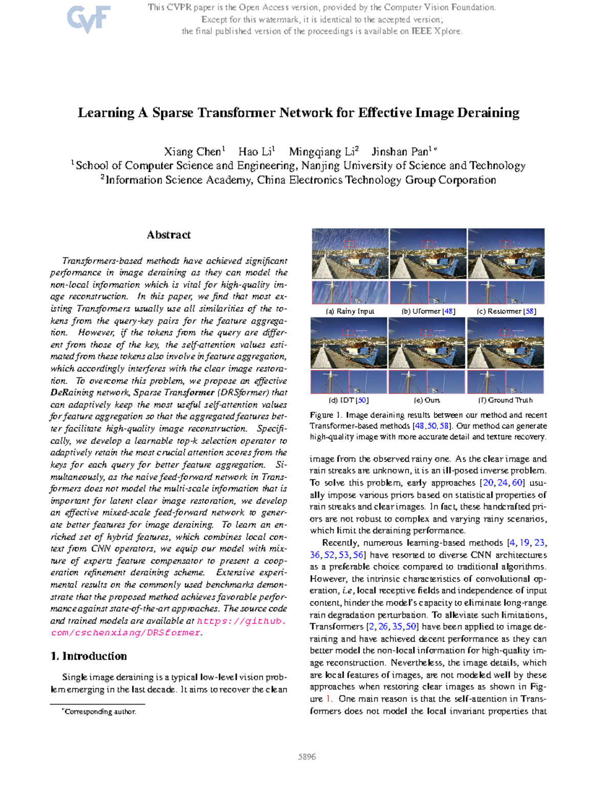 Learning a Sparse Transformer Network for Effective Image Deraining ...