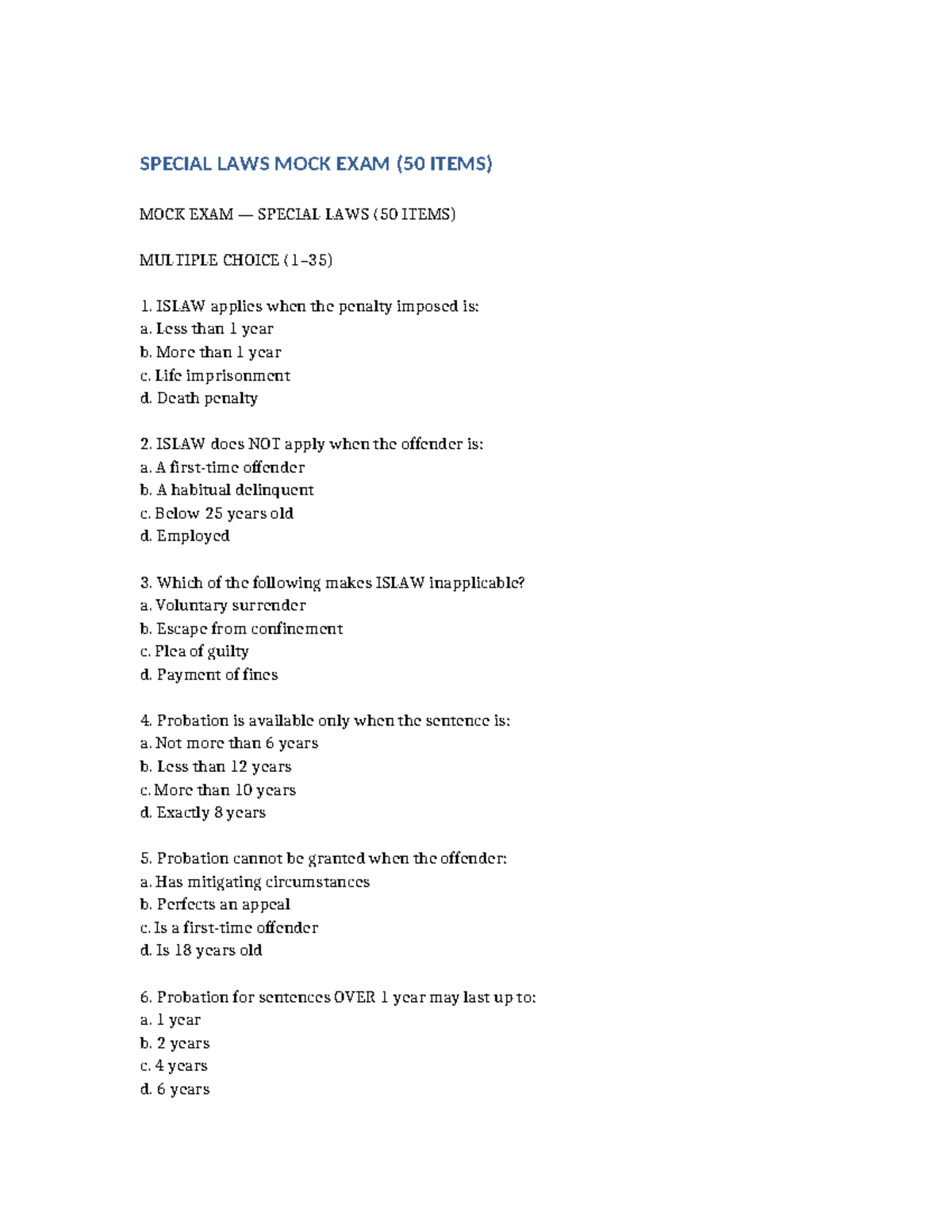 SPECIAL LAWS MOCK EXAM (50 ITEMS) - MULTIPLE CHOICE QUESTIONS - Studocu