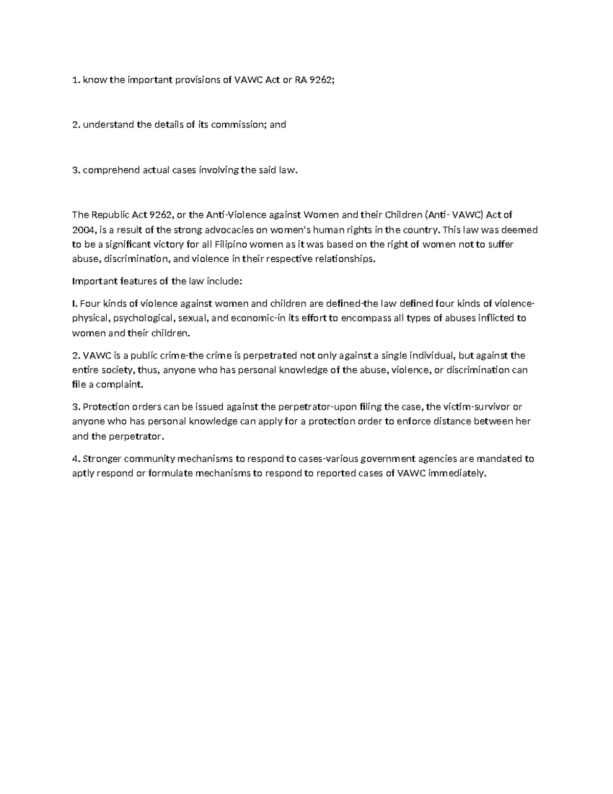 VAWC Act (RA 9262) Summary: Key Provisions & Cases - Studocu