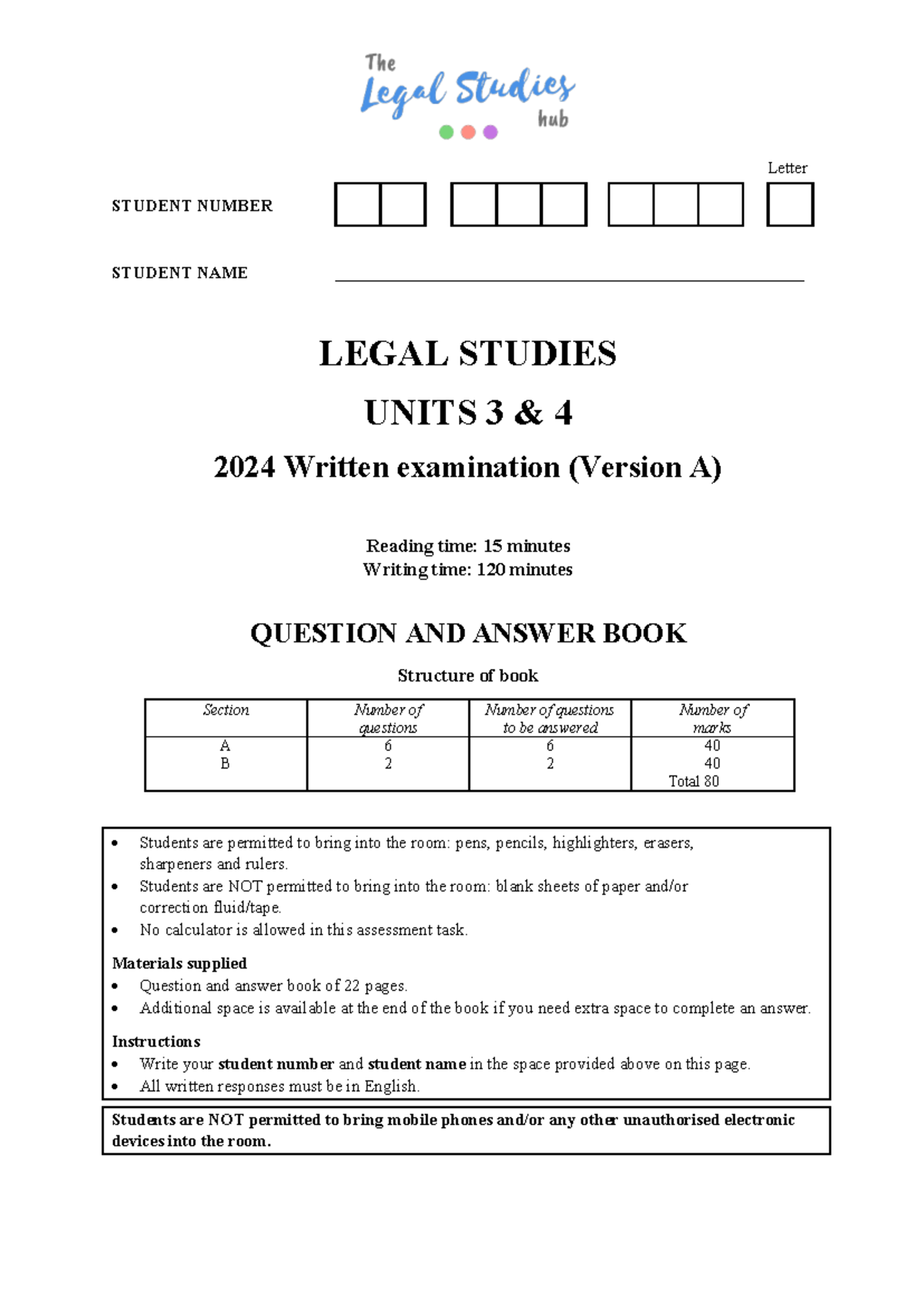 The Legal Studies Hub Units 3 & 4 Trial Exam (A) 2024 - Studocu