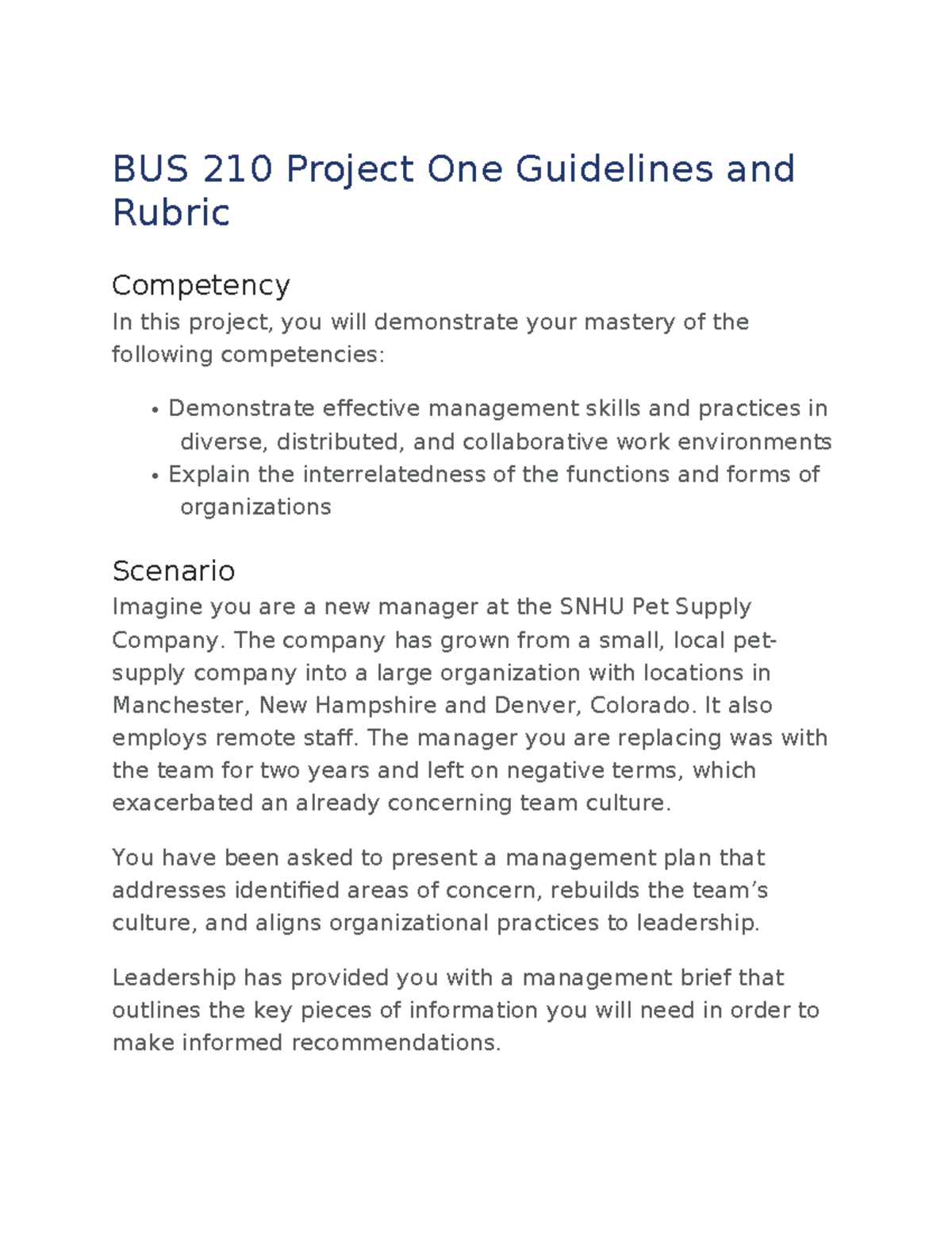 BUS 210 Project One Guidelines and Rubric Module 7 - BUS 210 Project One Guidelines and Rubric ...