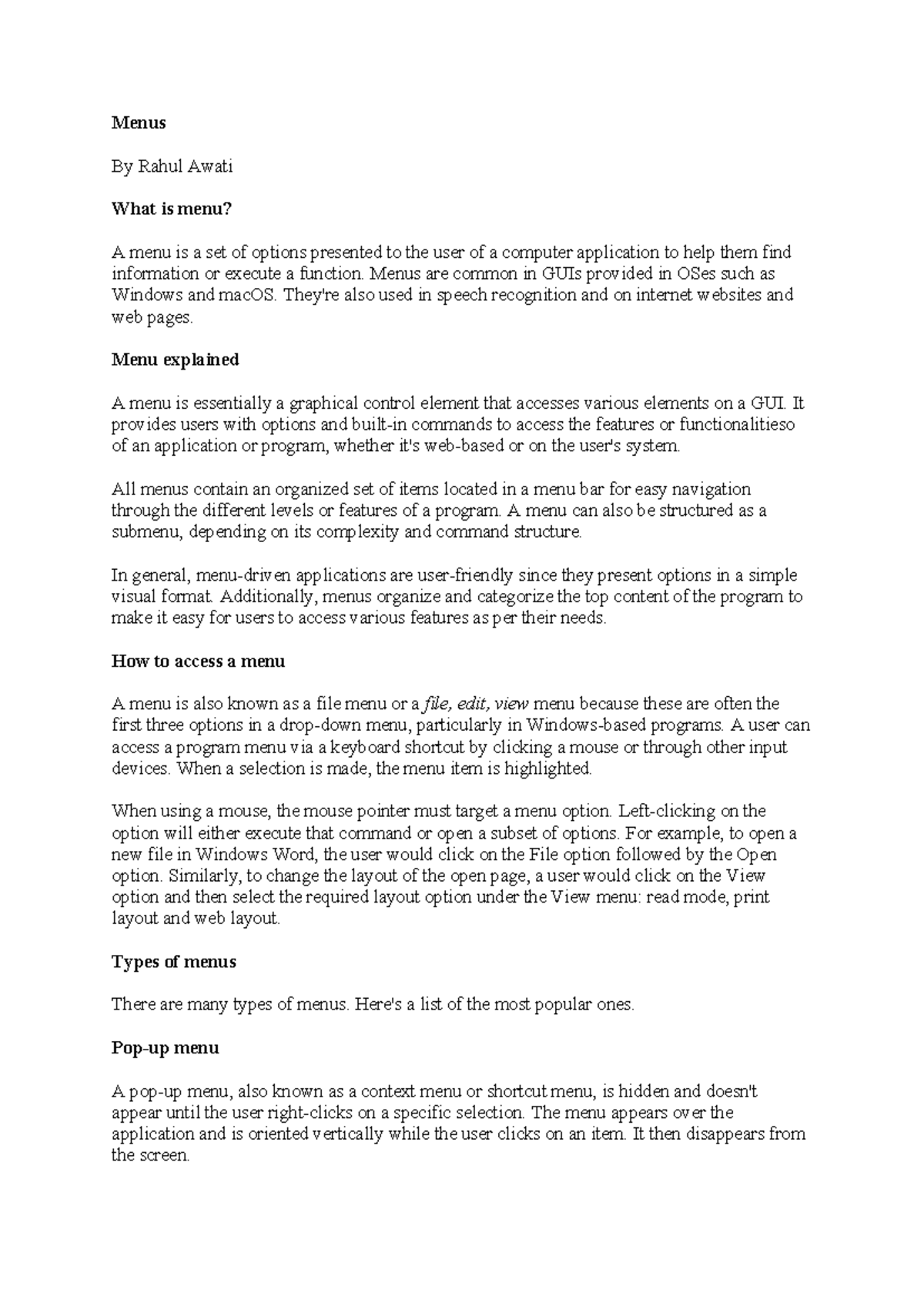Lect 9 - Menus - Menus By Rahul Awati What is menu? A menu is a set of ...
