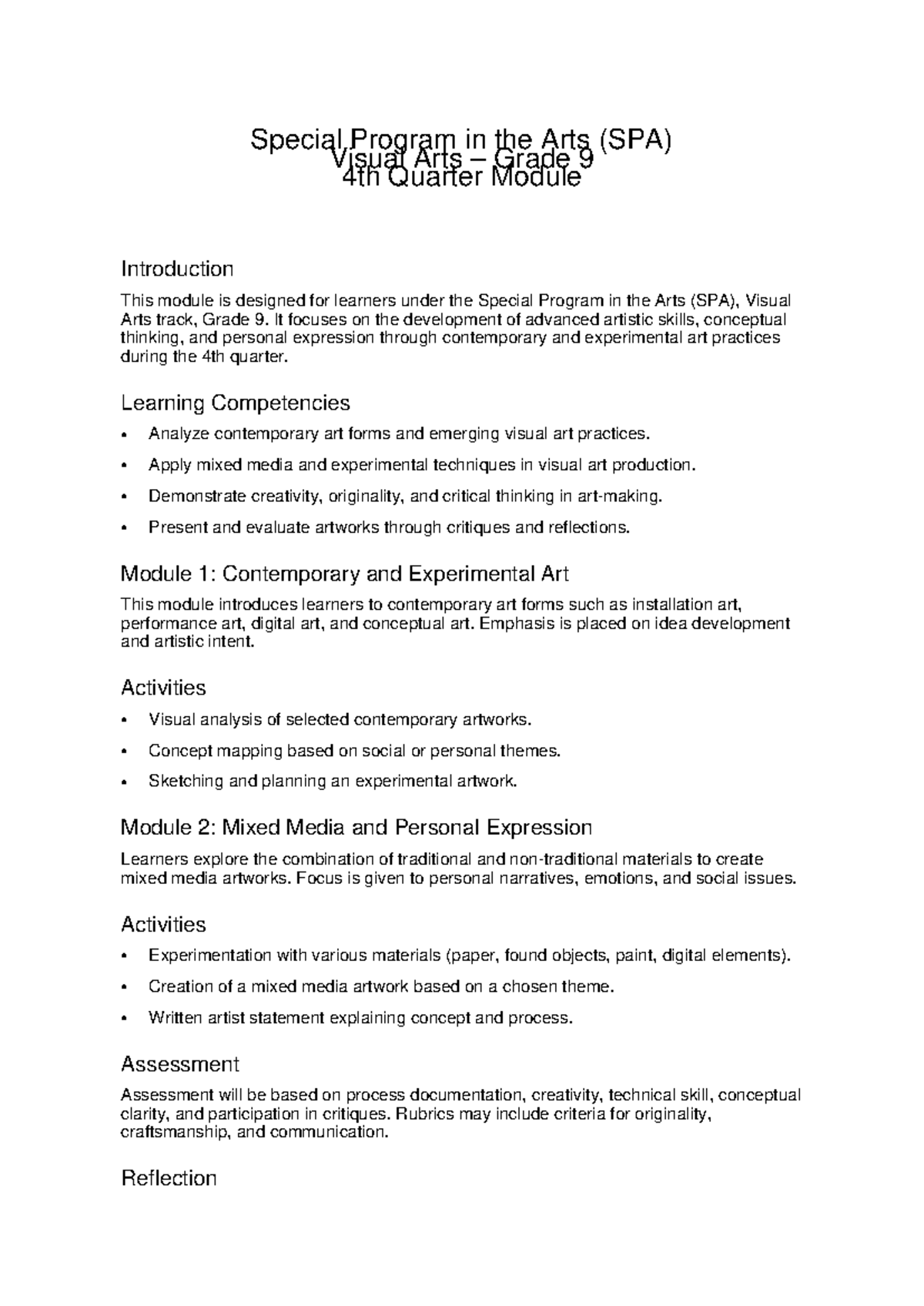 SPA Visual Arts Grade 9 4th Quarter Module Overview - Studocu