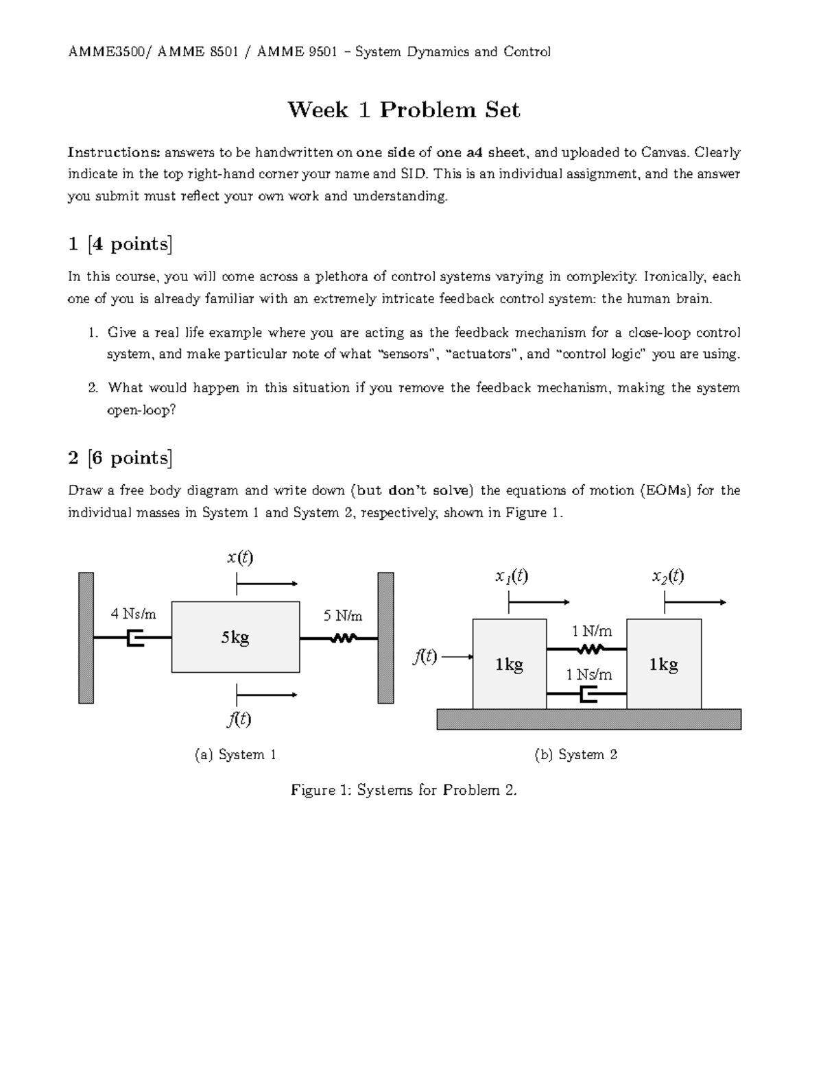 AMME 8501 AMME 9501 System Dynamics & Control Week 1 Problem Set - Studocu