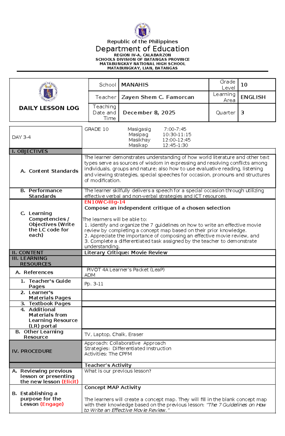 Grade 10 English Daily Lesson Log: Movie Review Techniques - Studocu