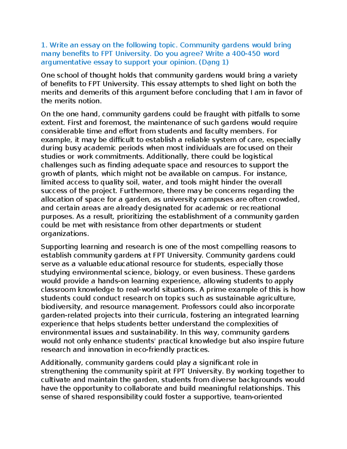 Essay on the Benefits of Community Gardens at FPT University (Dạng 1 ...