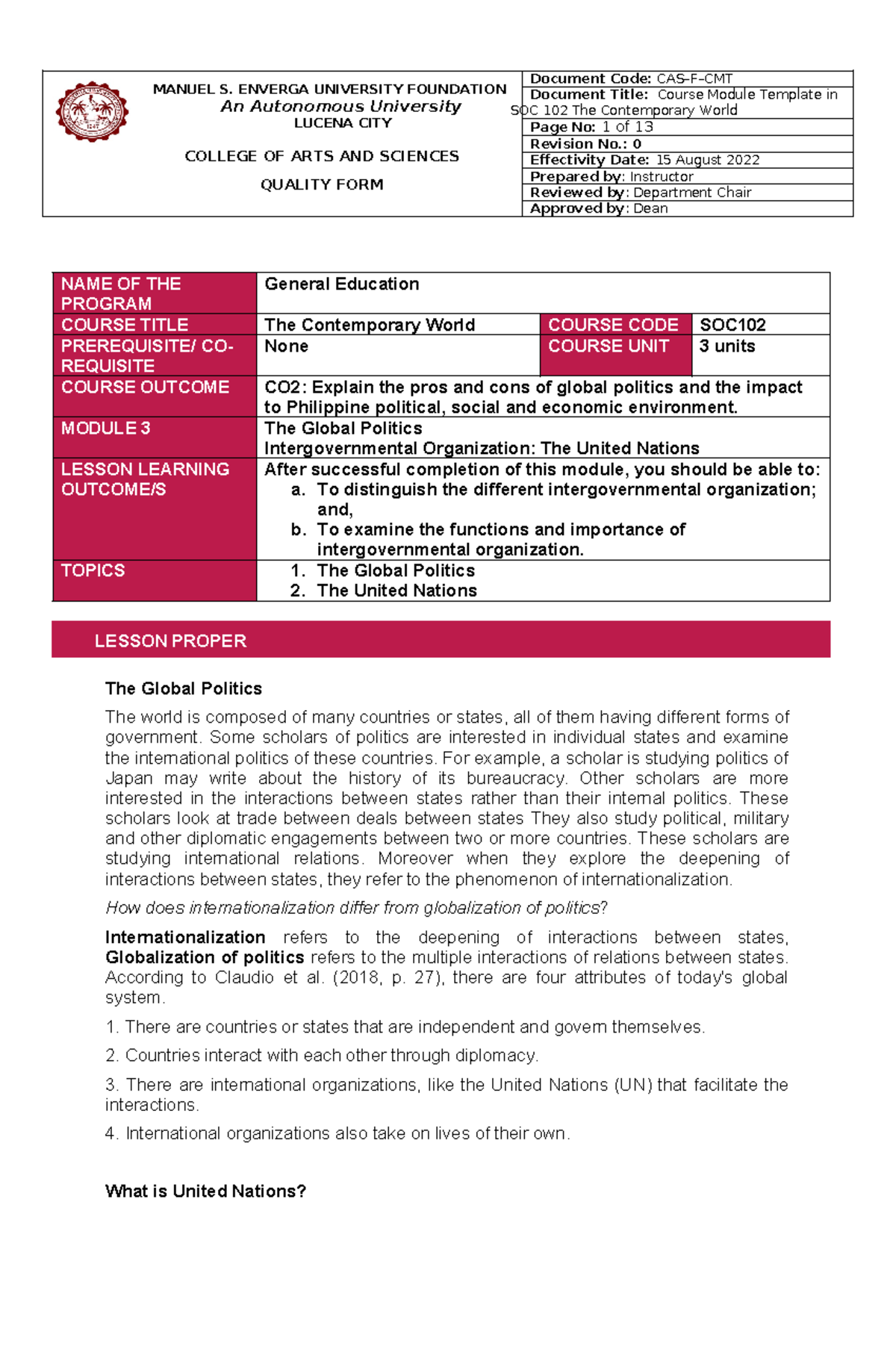 SOC 102 Midterm Module: Global Politics & Intergovernmental ...