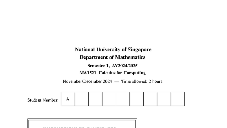 MA1521 Final Exam 2024: Calculus for Computing at NUS - Studocu