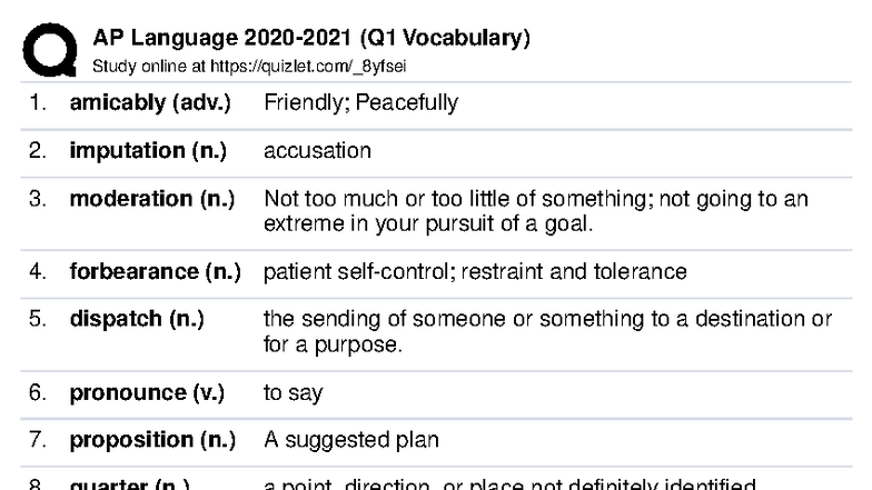 AP Language (2020-2021) Q1 Vocabulary Study Guide - Studocu