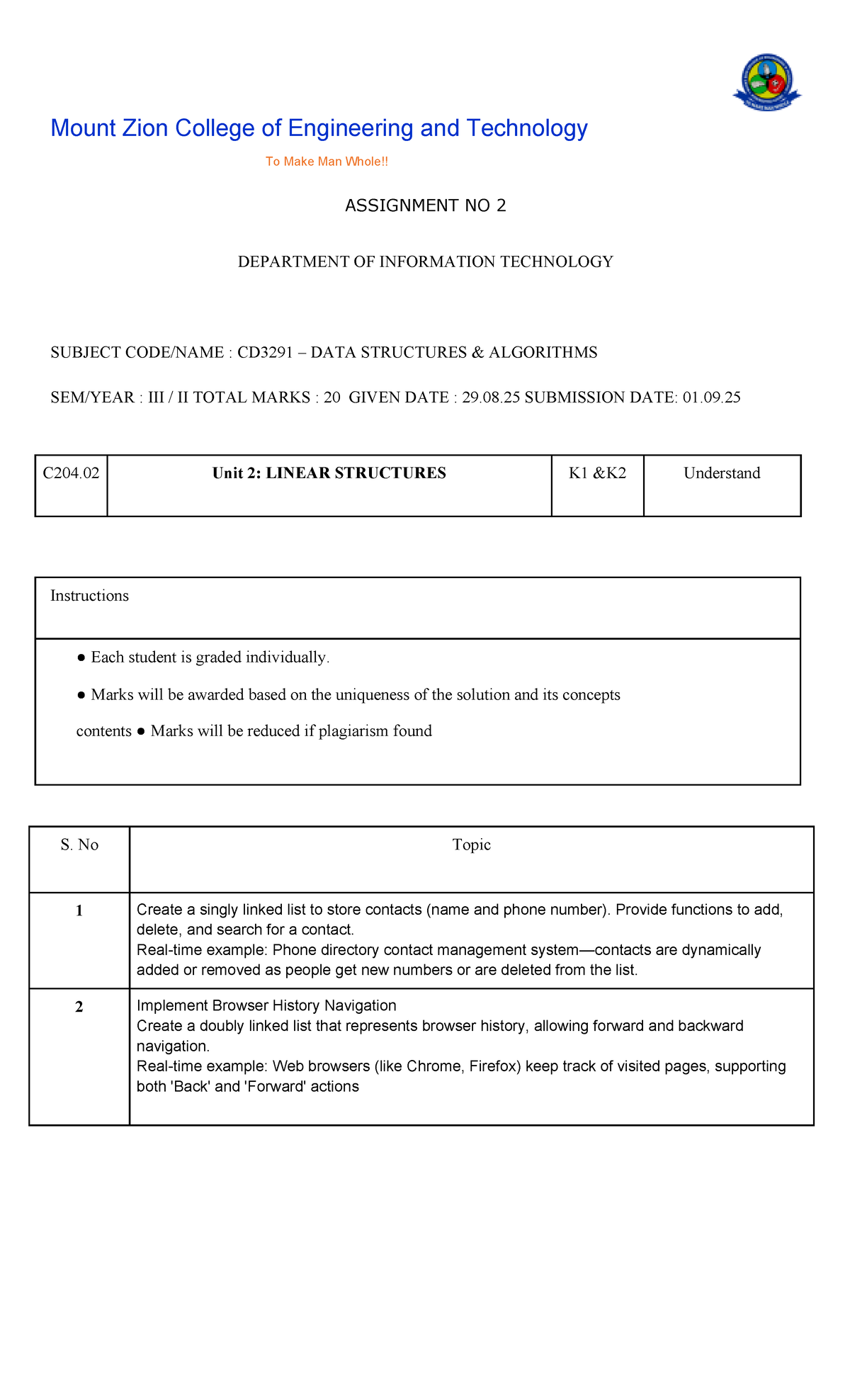 Assignment 2 - DSA CD3291: Linear Structures & Contact Management - Studocu