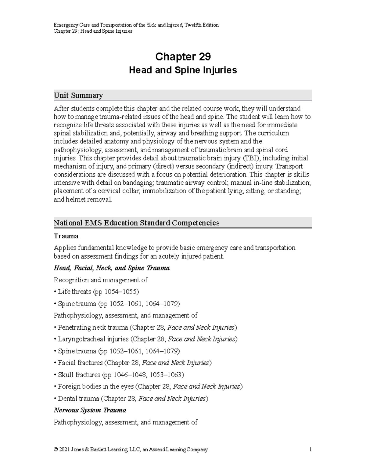 EMT Chapter 29: Comprehensive Overview of Head and Spine Injuries - Studocu