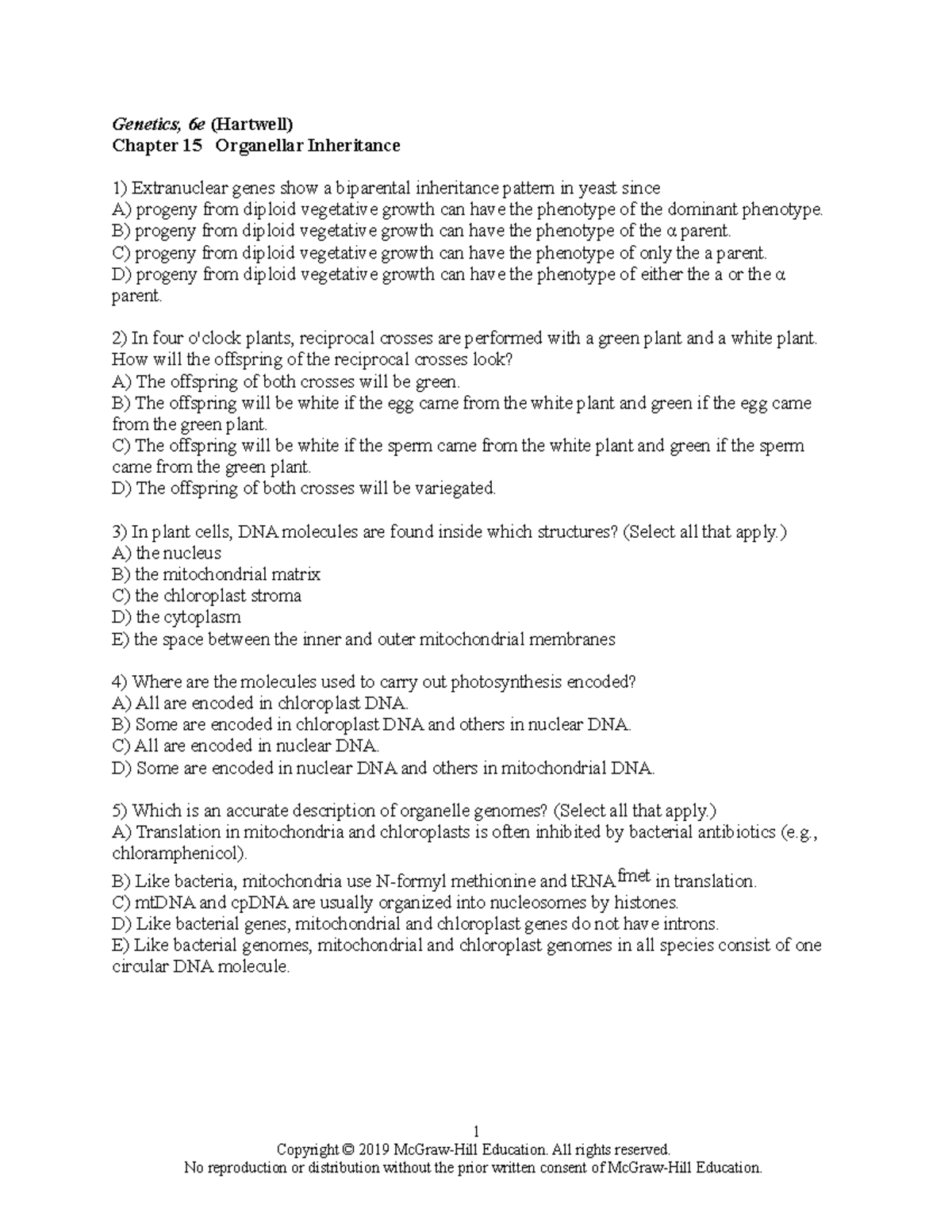 Hartwell 6e Chapter 15: Organellar Inheritance Study Notes - Studocu
